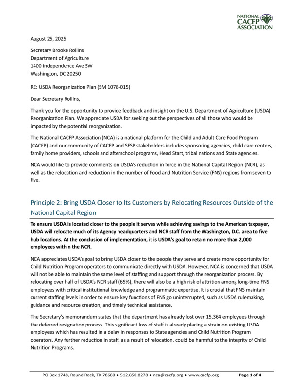 NCA Response – USDA Reorganization Plan - National CACFP Association